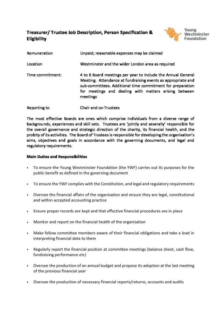 Click here to view Treasurer job description - Young Westminster Foundation
